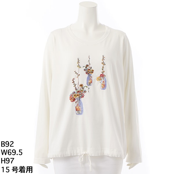 スーパーハッカフィーユ（super hakka feuille）/[15〜19号]ローゲージ天竺フラワーキャンドルボトル刺繍ドロストカットソー