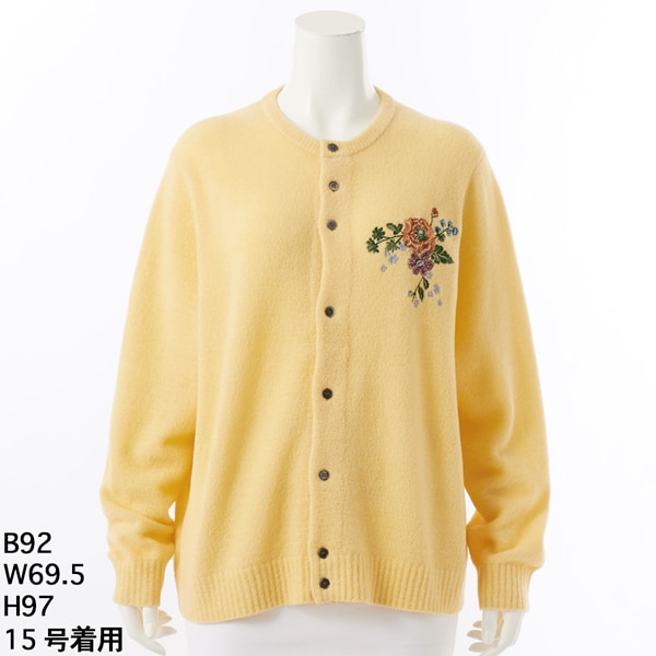 スーパーハッカフィーユ（super hakka feuille）/[15〜19号]ヒメツバキ刺繍ウールナイロンモールヤーンニットカーディガン