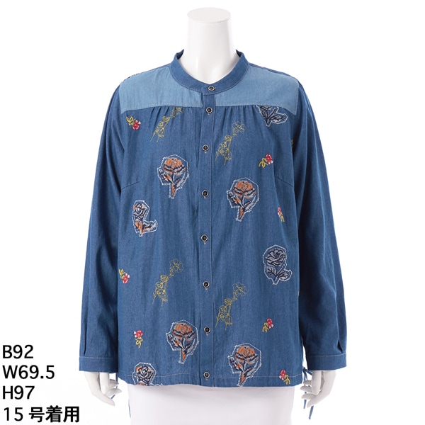 【NEW】スーパーハッカフィーユ（super hakka feuille）/[15〜19号]ライトオンスデニム ローズスケッチ刺繍スタンドカラーブラウス