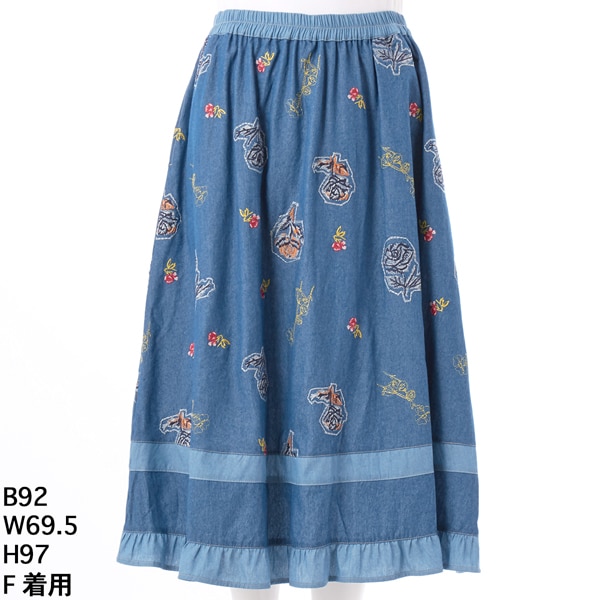 【NEW】スーパーハッカフィーユ（super hakka feuille）/[15〜19号]ライトオンスデニム ローズスケッチ刺繍スカート(裏地無し)