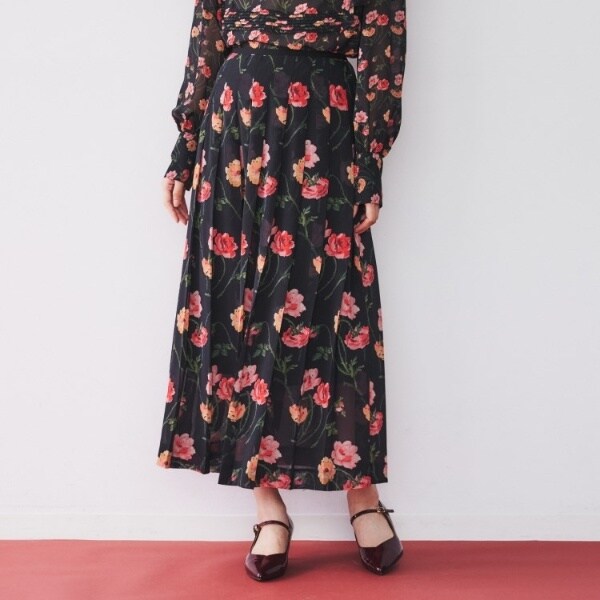 アンタイトル（UNTITLED）/【セットアップ可能洗える柄スカート】フラワーシフォンプリーツスカート