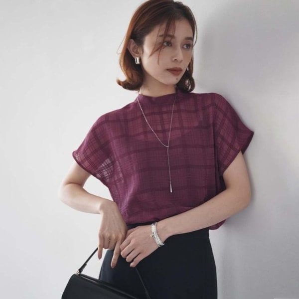 アンタイトル（UNTITLED）/【シアー】チェックスタンドネックブラウス