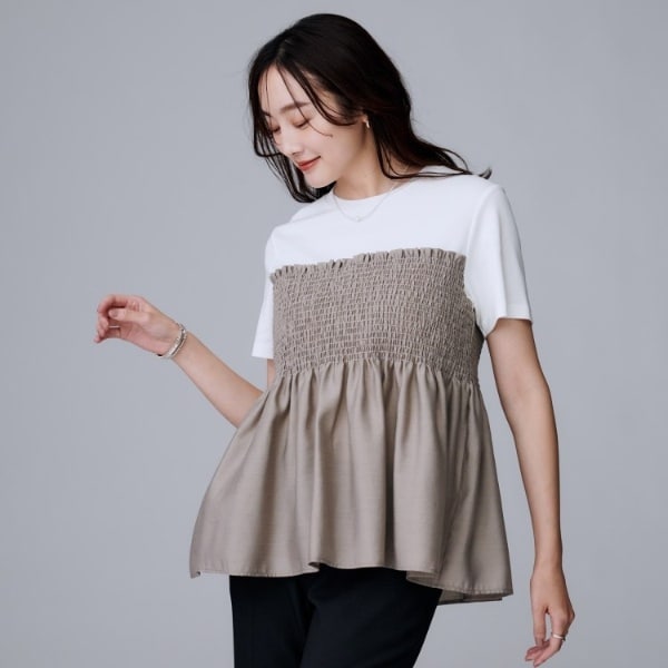 アンタイトル（UNTITLED）/【コットン100洗えるTシャツ】シャーリングドッキングペプラム