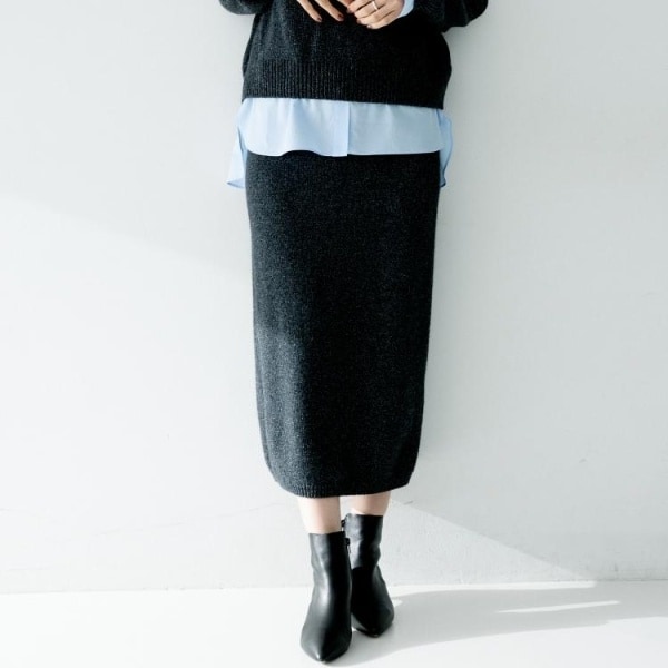 アンタイトル（UNTITLED）/【セットアップ可能ウエスト総ゴム】ラメニットナロースカート