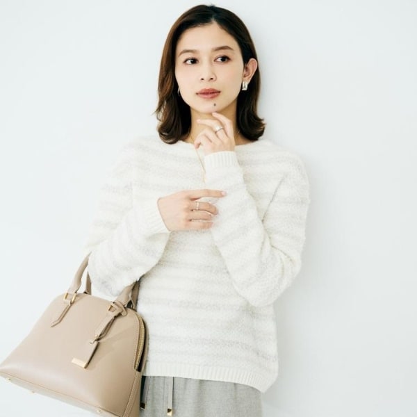 アンタイトル（UNTITLED）/【ツイード調コンパクト丈】ブークレーボートネックニット