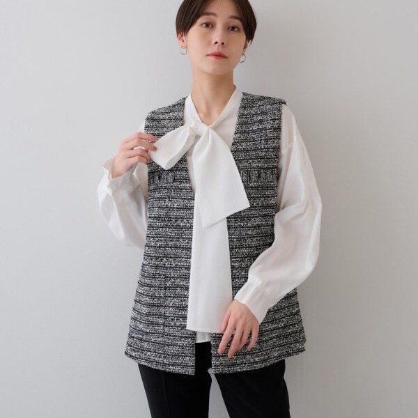 インディヴィ（INDIVI）/【2点セット／UVケア】ツイードジレ＆ボウタイブラウス カセット服