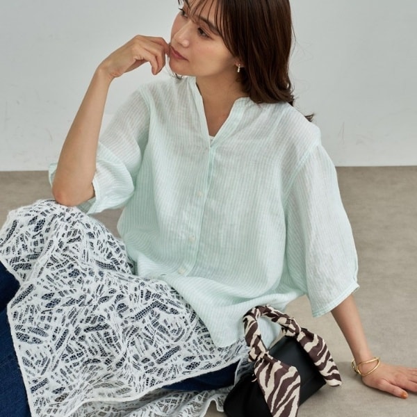 インディヴィ（INDIVI）/【毎年人気！／フレンチリネン】5分袖バンドカラーブラウス