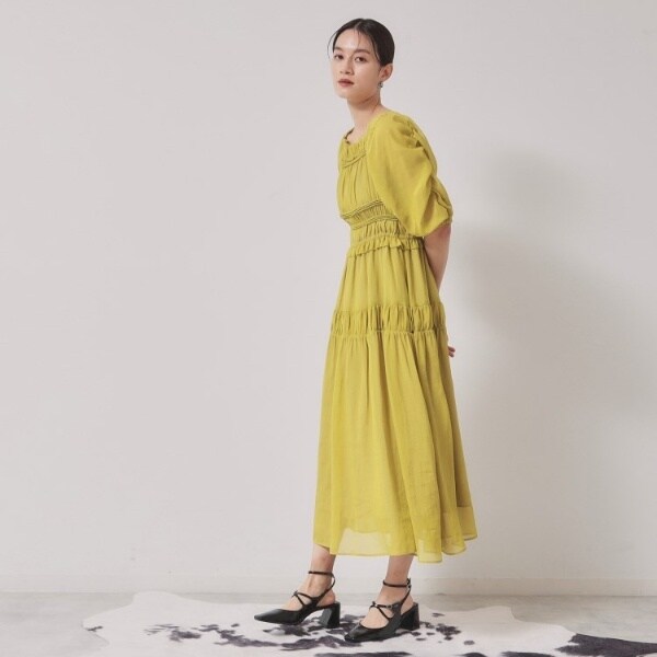 スーナウーナ（SunaUna）/【パウダーシフォン／シャーリング】ロングワンピース