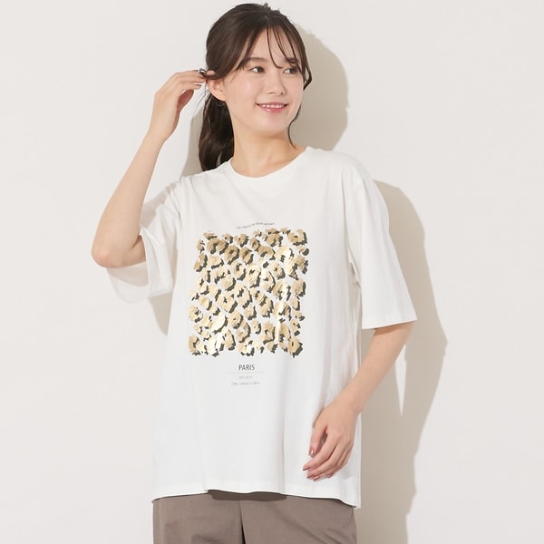 ピサーノ（PISANO）/【手洗いOK・綿100％】レオパード柄・ゴールド箔プリントカットソー