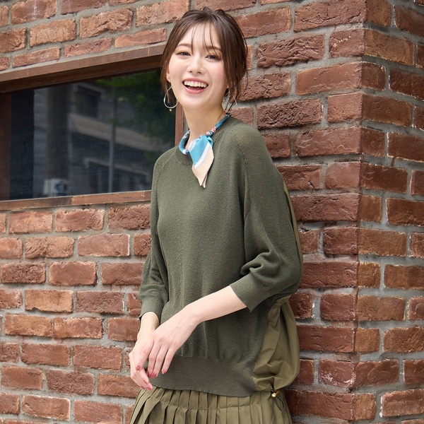 ピサーノ（PISANO）/【セットアップ対応・手洗いOK】ニット×布帛ドッキングドルマンスリーブトップ