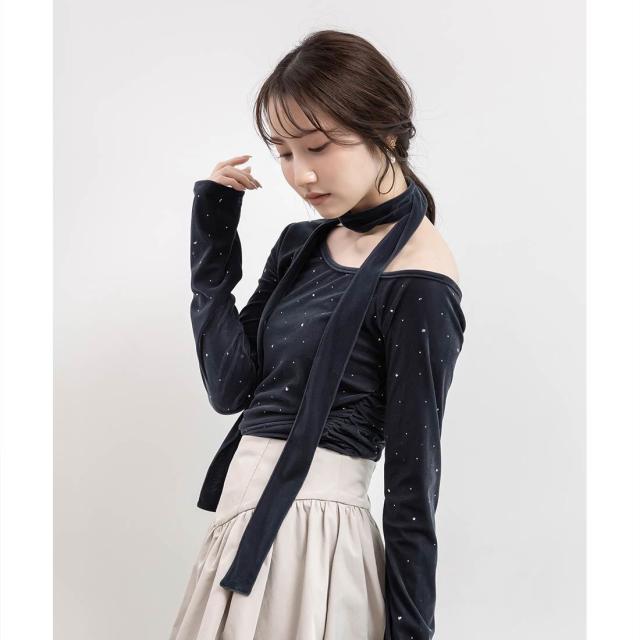 ランダ（RANDA）/＜25秋冬新作＞アシメネックベロアストーンカットソー