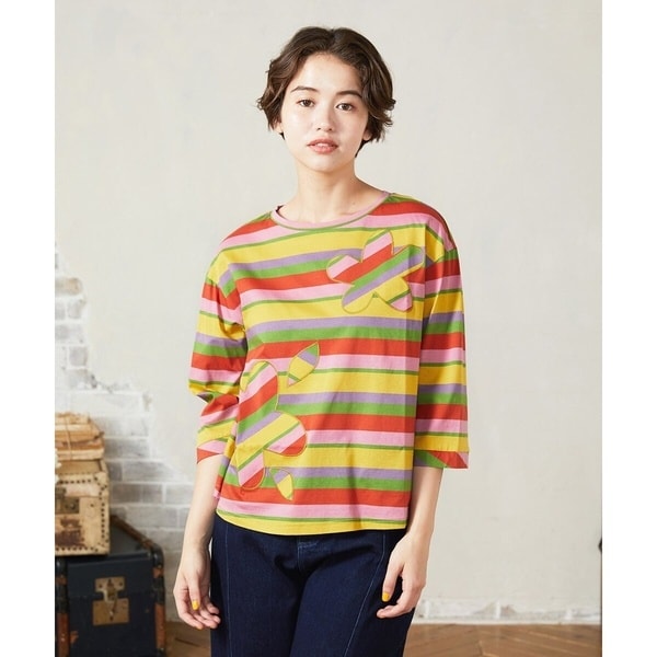 ホコモモラ（JOCOMOMOLA）/シルケット天竺フラワーボーダーアップリケTシャツ