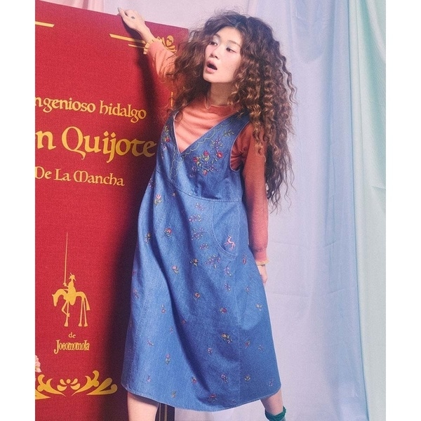 【NEW】ホコモモラ（JOCOMOMOLA）/El galgo フラワー刺繍デニムノースリーブジャンパースカート