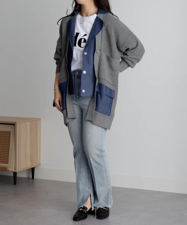 ラナン（Ranan）/重ね着風デニム切替ニットジャケット