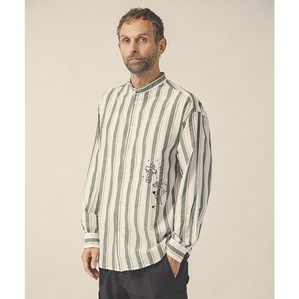 アバハウス（ABAHOUSE）/コットン リネン ストライプ 刺繍 バンドカラー シャツ