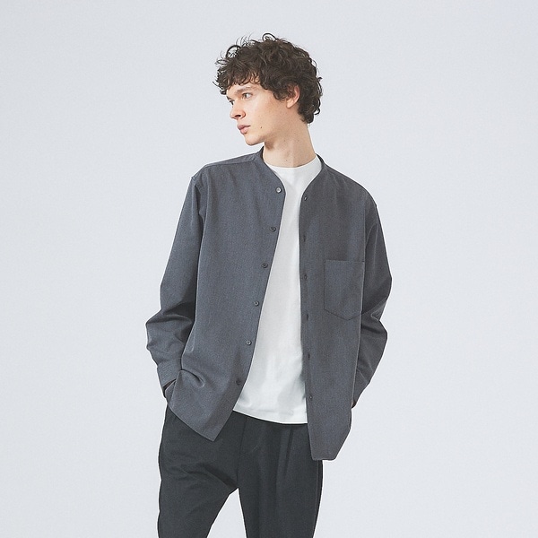 アバハウス（ABAHOUSE）/【変形襟】シャンブレーツイル カラーレス シャツ / バンドカラーシャツ