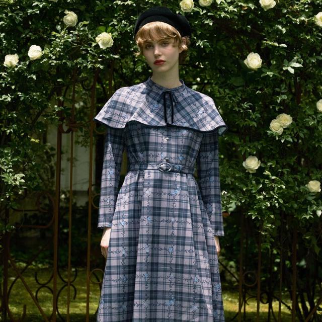 フィント（FINT）/【洗える・2WAY】プチフラワーチェック柄ケープ付きワンピース