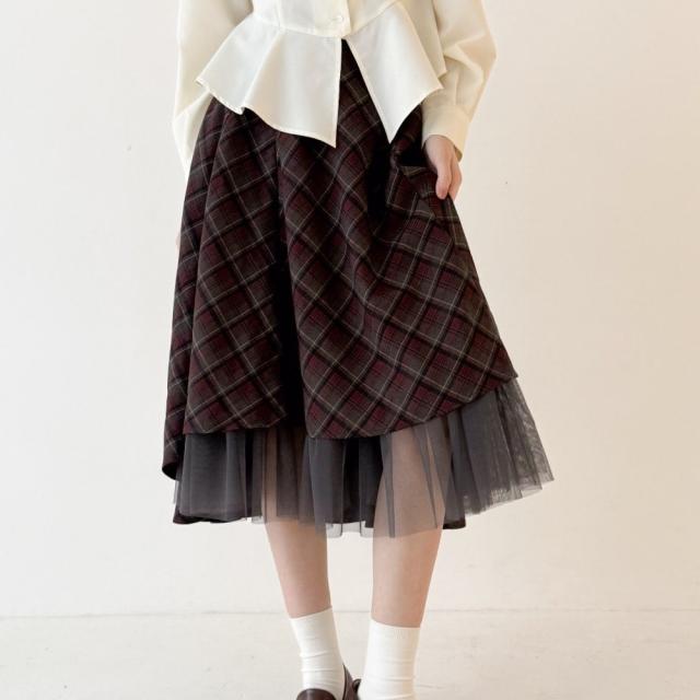 アンアナザーアンジェラス（an another angelus）/【洗える】フロントチュールチェックフレアースカート