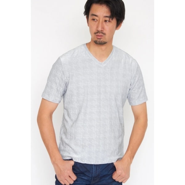 ハイストリート（HIGH STREET）/HIGH STREET∴千鳥柄パイルジャカードVネック半袖カットソー