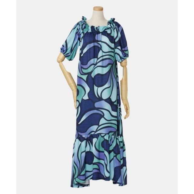 マウナロア（maunaloa）/【マウナロア】Ocean Blue Bird ネオンハイビボリュームスリーブドレス