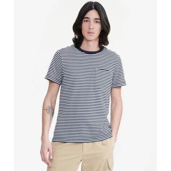 エーグル（AIGLE）/UVカット ボーダー ワンポイント刺繍 ポケット付き 鹿の子半袖Tシャツ