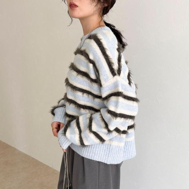 フレディエミュ（fredy emue）/マルチボーダークロップドニットプルオーバー