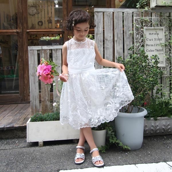ドリードール（Dorry Doll）/【KIDS　DRESS】フラワーｘチェック柄刺繍入りチュールレース　スカラカットワンピースドレス