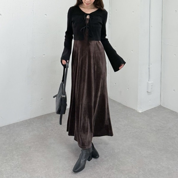アルシーヴ（archives）/ランダムリブニットカーデ×ベロアキャミワンピースＳＥＴ