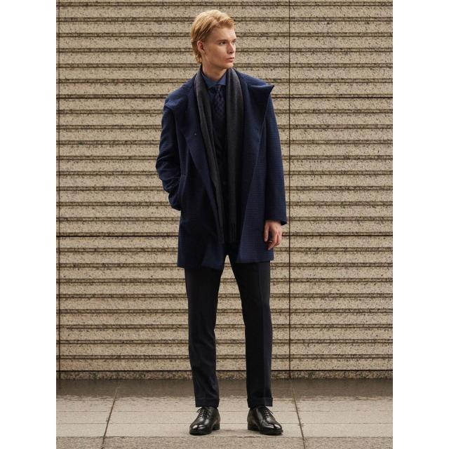 タカキュー（TAKA−Q）/【カシミヤ混】ウール フードコート チェック紺