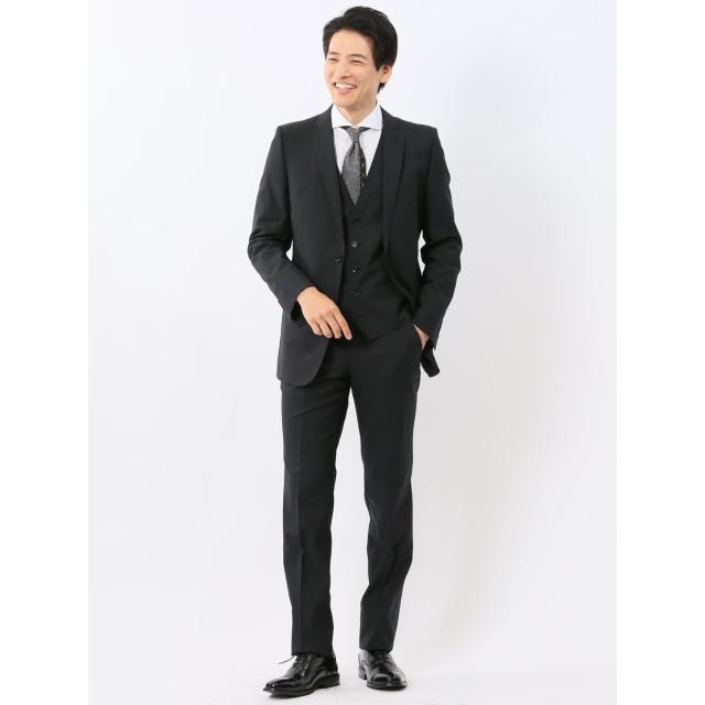 タカキュー（TAKA−Q）/【光沢 ウール混 ストレッチ】レノマオム 2ボタン3ピース セットアップスーツ シャドーストライプ黒