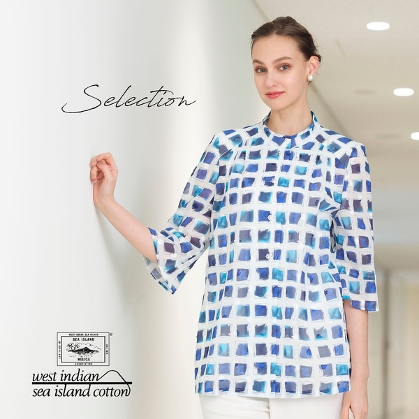 リリアンビューティ（Liliane Burty）/【Selection】海島綿カットジャカード　スクエアプリントブラウス