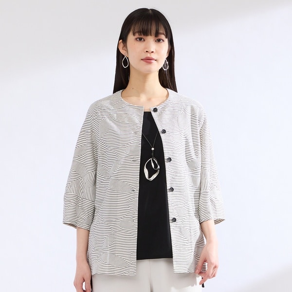 リリアンビューティ（Liliane Burty）/【M〜4L】ウォッシャブルタックボーダージャカードブラウス