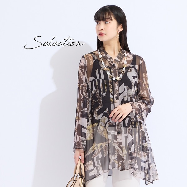 リリアンビューティ（Liliane Burty）/【11〜17号】イタリア製素材シフォンプリントスタンドカラーブラウス