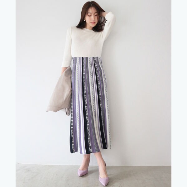 アンビエント/マルチストライプフレアニットワンピース