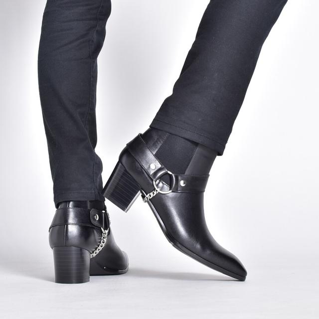 エンデヴァイス（endevice）/サイドゴア レザー リングブーツ / チェーン ハイヒール