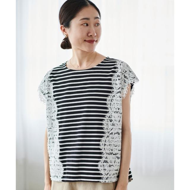 ルクールブラン（le．coeur blanc）/《手洗い可能》Perle Peche ボーダー×レースカットソー