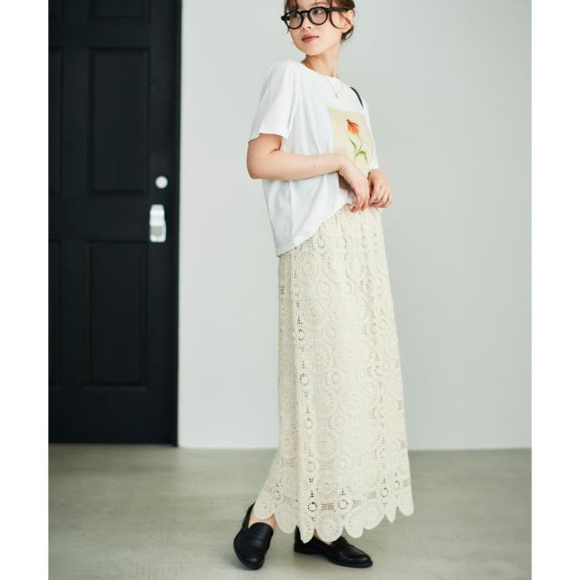 ルクールブラン（le．coeur blanc）/《手洗い可能》カギ針レースウエストリブスカート