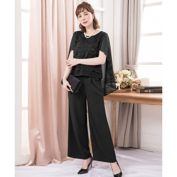 ドレスプラス（DRESS+）/ケープ風レース×シフォンドッキングワイドパンツドレス
