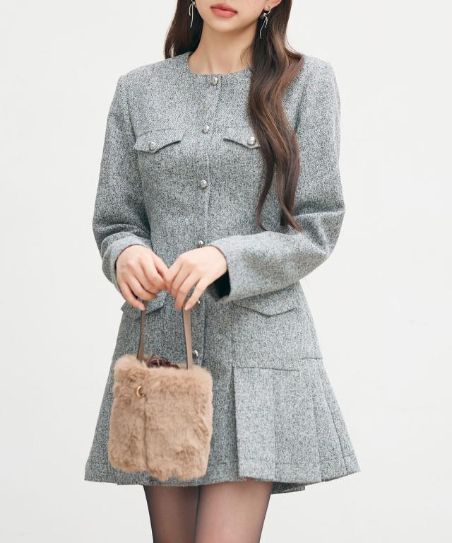 セゾン ド パピヨン（SAISON DE PAPILLON）/ローウエストミニ丈プリーツツイードワンピース