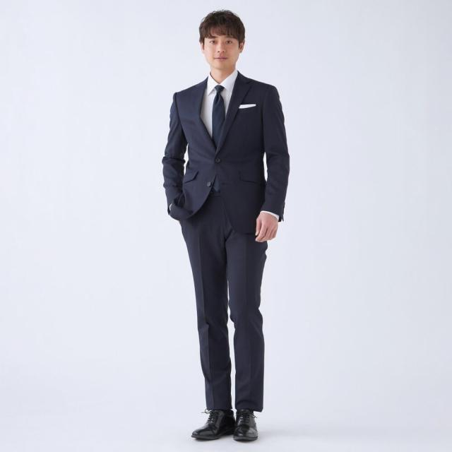 スーツセレクト（SUIT SELECT）/【オールシーズン】2釦ノータックスーツ ネイビー無地 ウエストムーブ ストレッチ