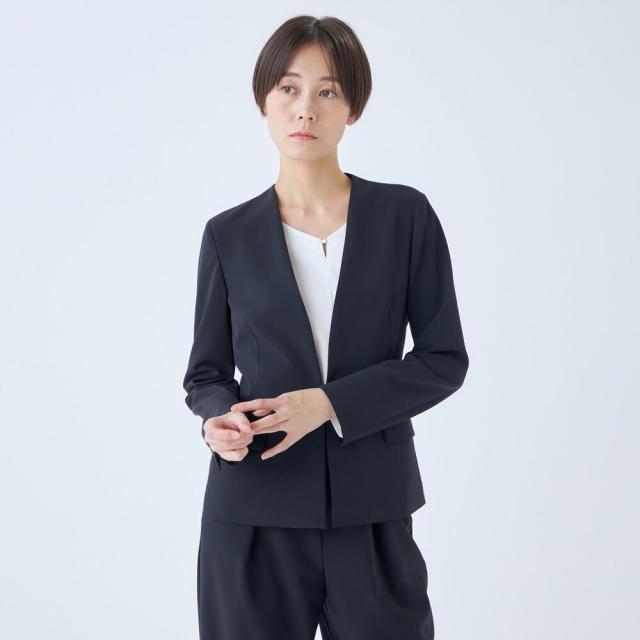 スーツセレクト（SUIT SELECT）/【オールシーズン/お受験にも】洗えるノーカラーストレッチジャケット ネイビー無地 セットアップ商品