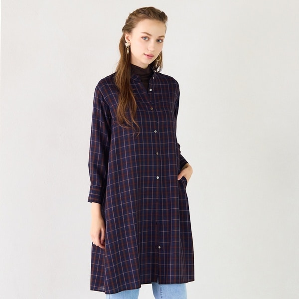 リリアンビューティ エクラ（Liliane Burty ECLAT）/【洗える】タータンチェックバンドカラーロングブラウス