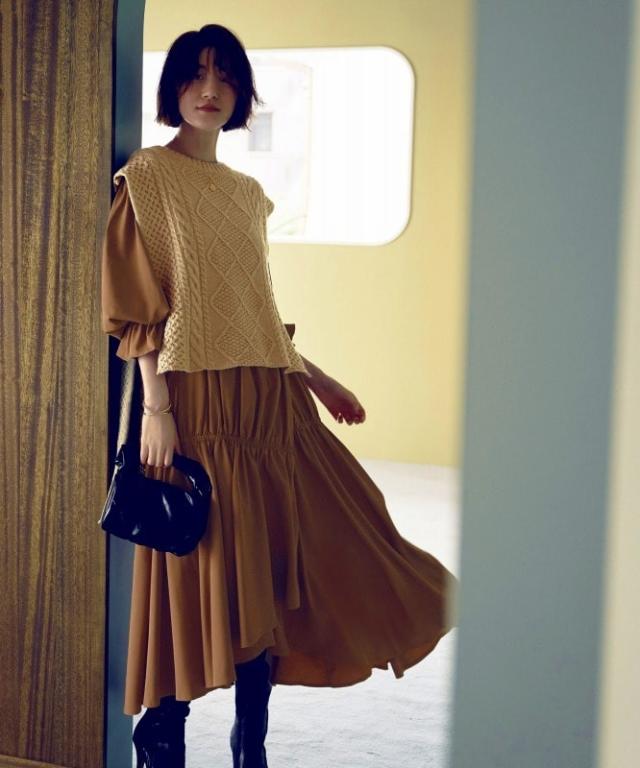 ルイルエブティック/【S〜LL】ケーブルベスト＆ギャザーワンピース ニットアップ