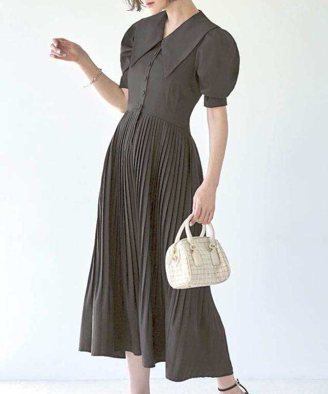 ルイルエブティック/【S〜3L】ビッグカラーティアードプリーツワンピース