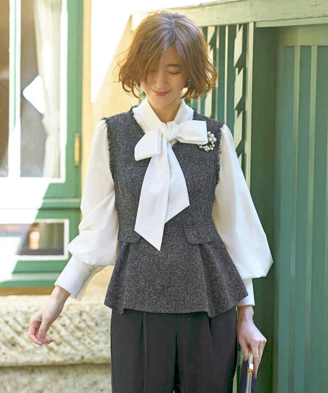 ルイルエブティック（RUIRUE BOUTIQUE）/【S〜3L】ボウタイツイードトップス＆テーパードパンツセットアップ