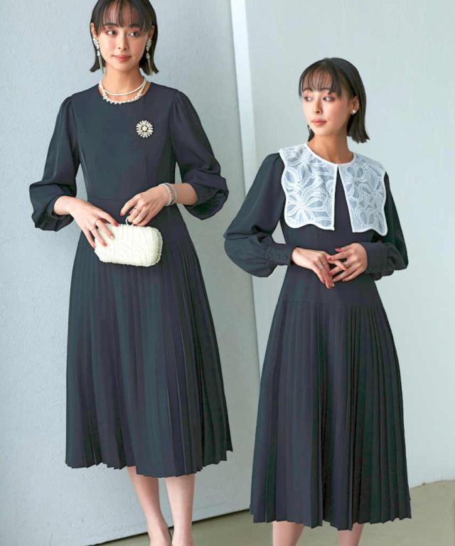 ルイルエブティック（RUIRUE BOUTIQUE）/【S〜LL】レースアタッチドカラー・プリーツワンピースドレス