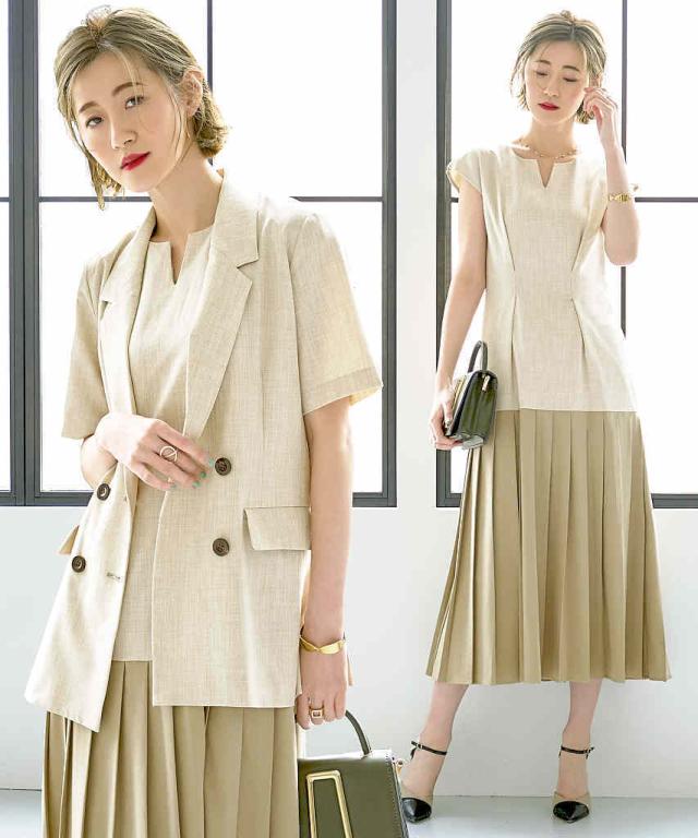 ルイルエブティック（RUIRUE BOUTIQUE）/【S〜3L】半袖ダブルブレスト＆ヘムプリーツワンピースセットアップ