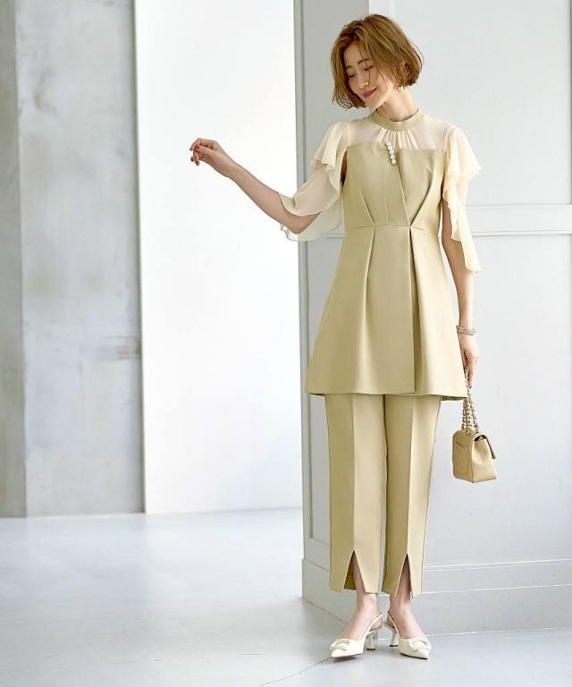 ルイルエブティック（RUIRUE BOUTIQUE）/【S〜3L】フロントパールエアリースリーブトップス＆スリットパンツセットアップ