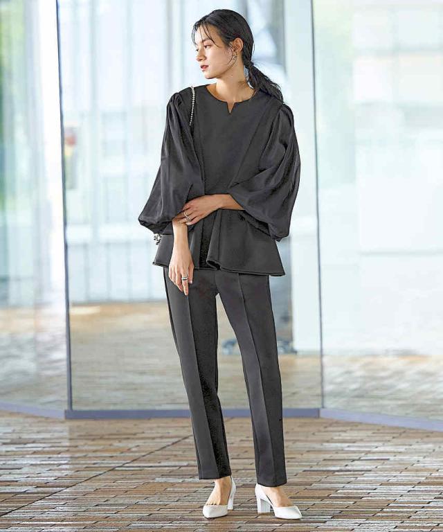 ルイルエブティック（RUIRUE BOUTIQUE）/【S〜LL/洗える】シアースリーブトップス＆ピンタックパンツダンボールニットセットアップ