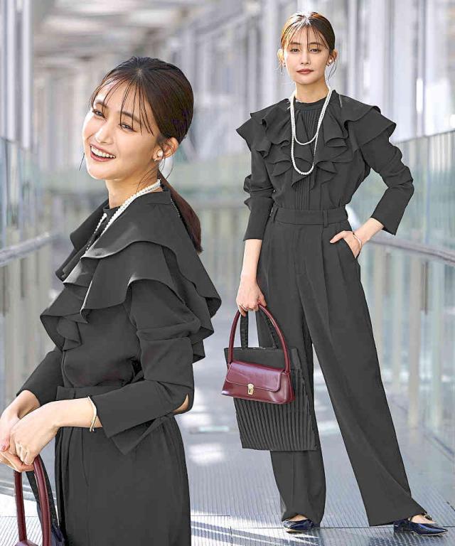 ルイルエブティック（RUIRUE BOUTIQUE）/ダブルフリルカラートップス＆タックワイドパンツセットアップ